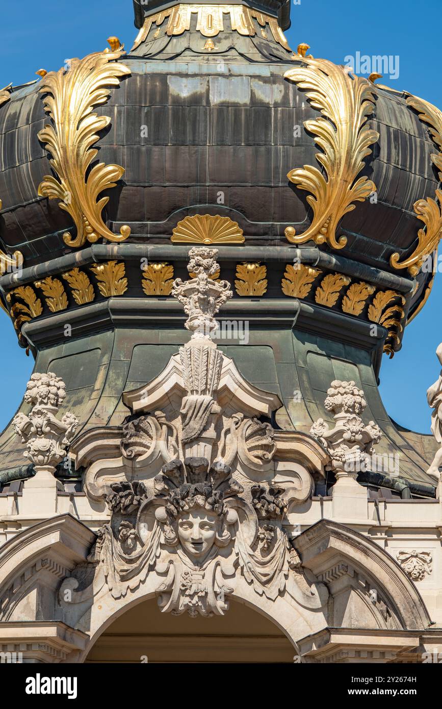 Architectural details on the Crown gate of Zwinger palace complex with ...