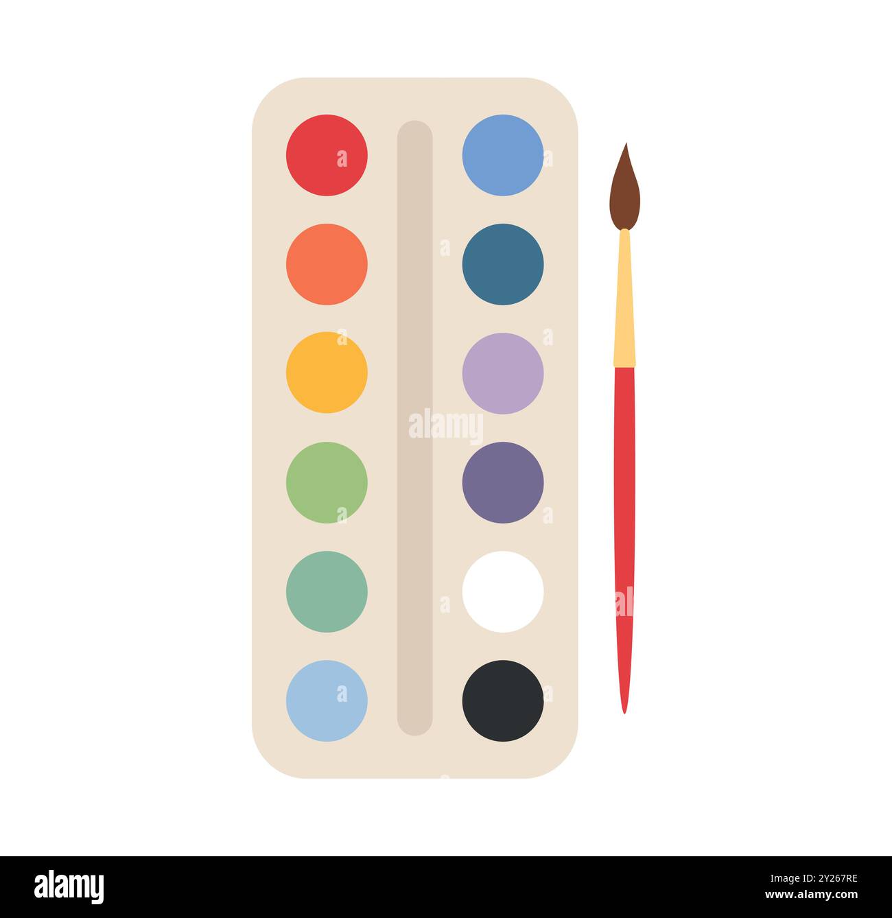 Bright paints in box with paint brush. Painting tools, art supplies ...