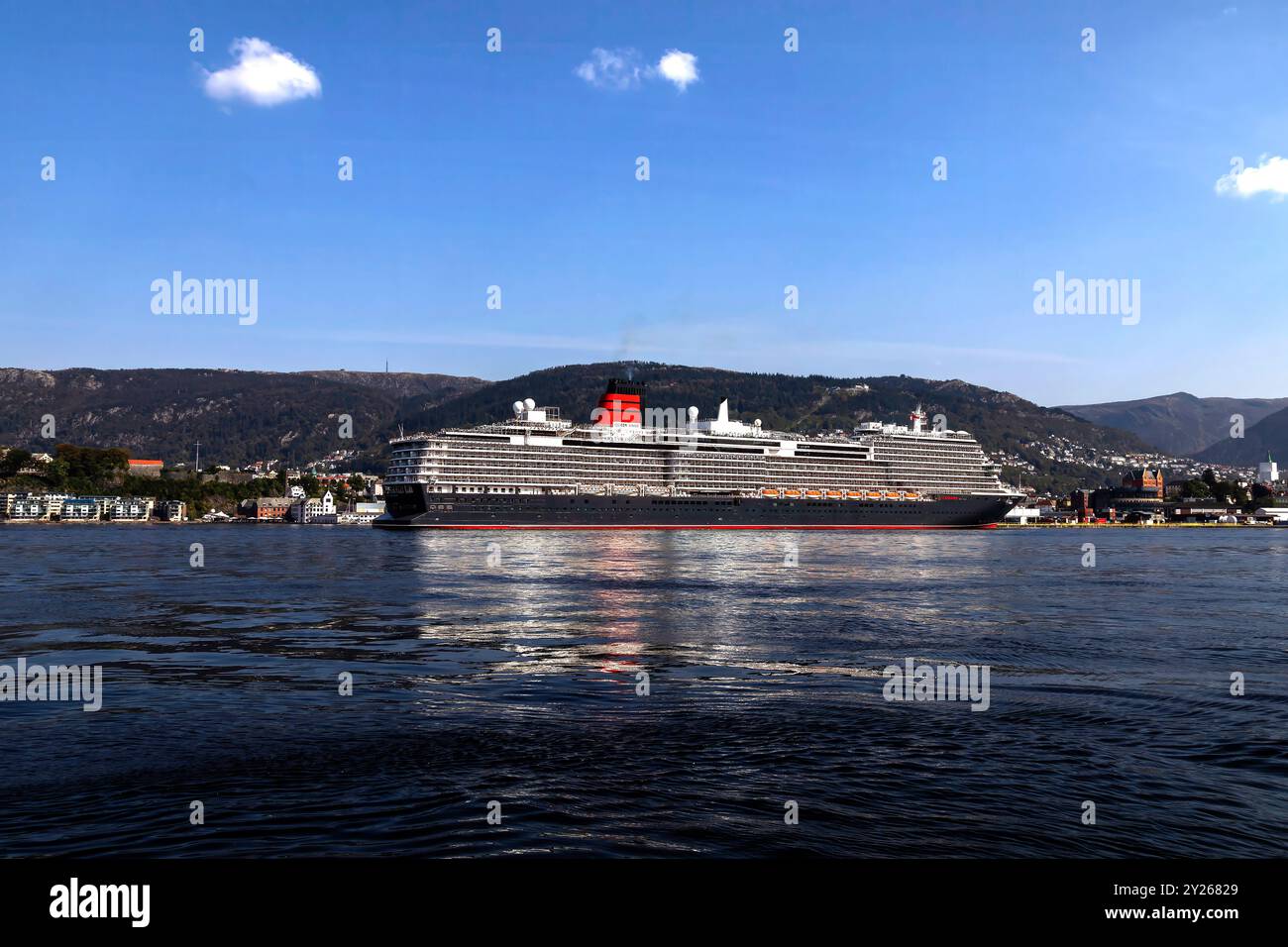 Cruise ship Queen Anne departing from the port of Bergen, Norway Stock ...
