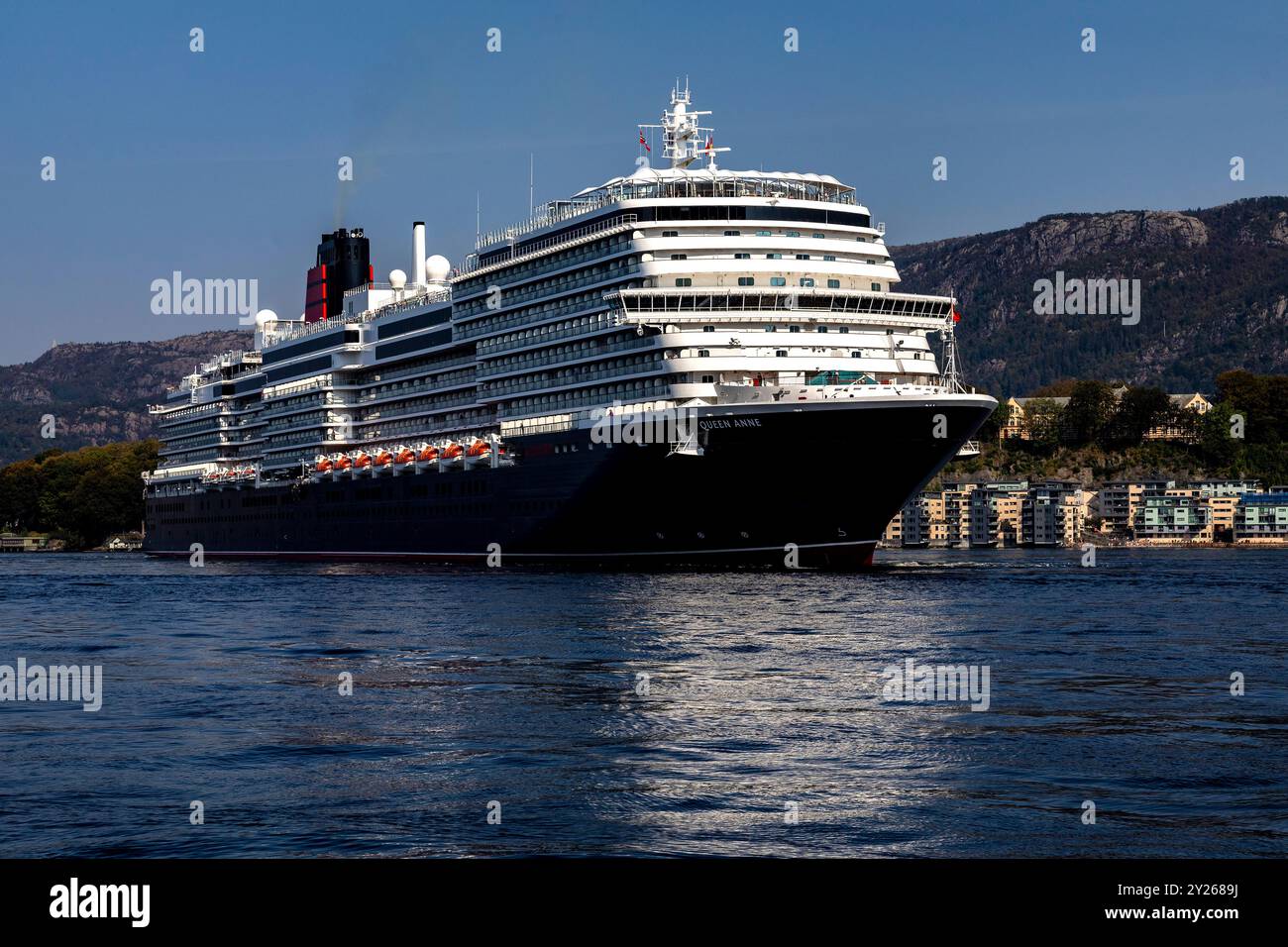 Cruise ship Queen Anne departing from the port of Bergen, Norway Stock ...