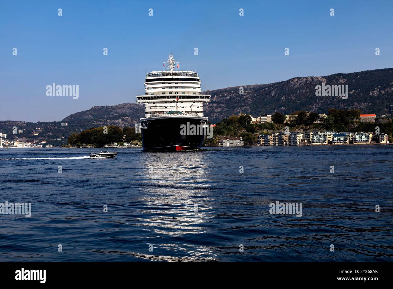 Cruise ship Queen Anne departing from the port of Bergen, Norway Stock ...