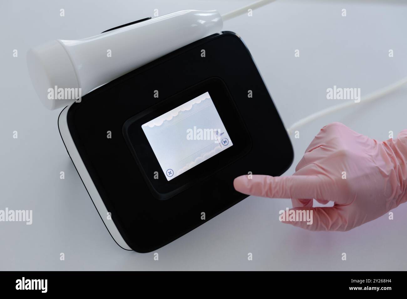 Doctor during a spirography test, measuring breathing movements with ...