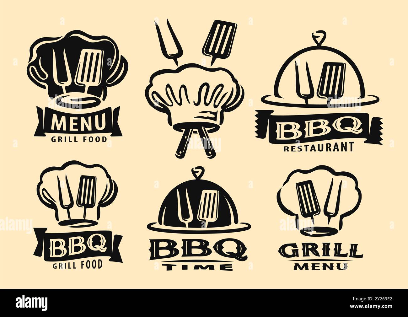 Bbq set of emblems, signs for restaurant or cafe menu. Grill bar ...