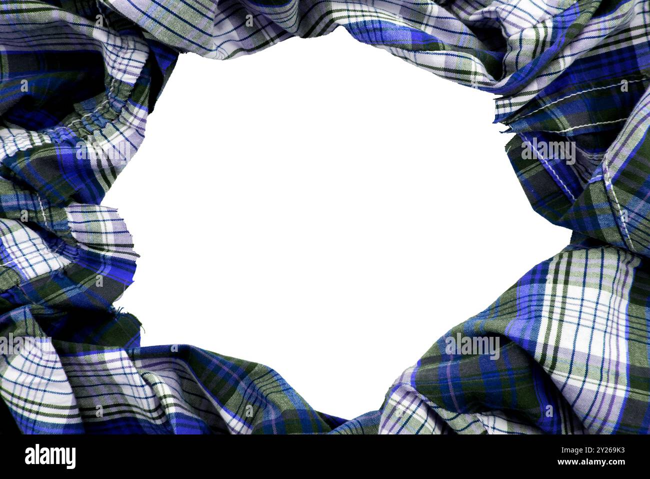 Hole in checkered fabric. Fabric frame on white background. Textile ...