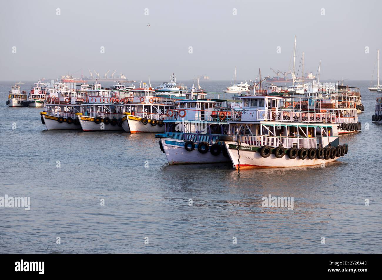 India, Mumbai, fishing and tourist boats docked off the gateway of ...