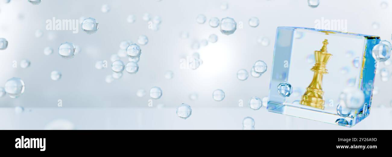 Golden chess king piece frozen in ice cube. 3D rendering Stock Photo ...