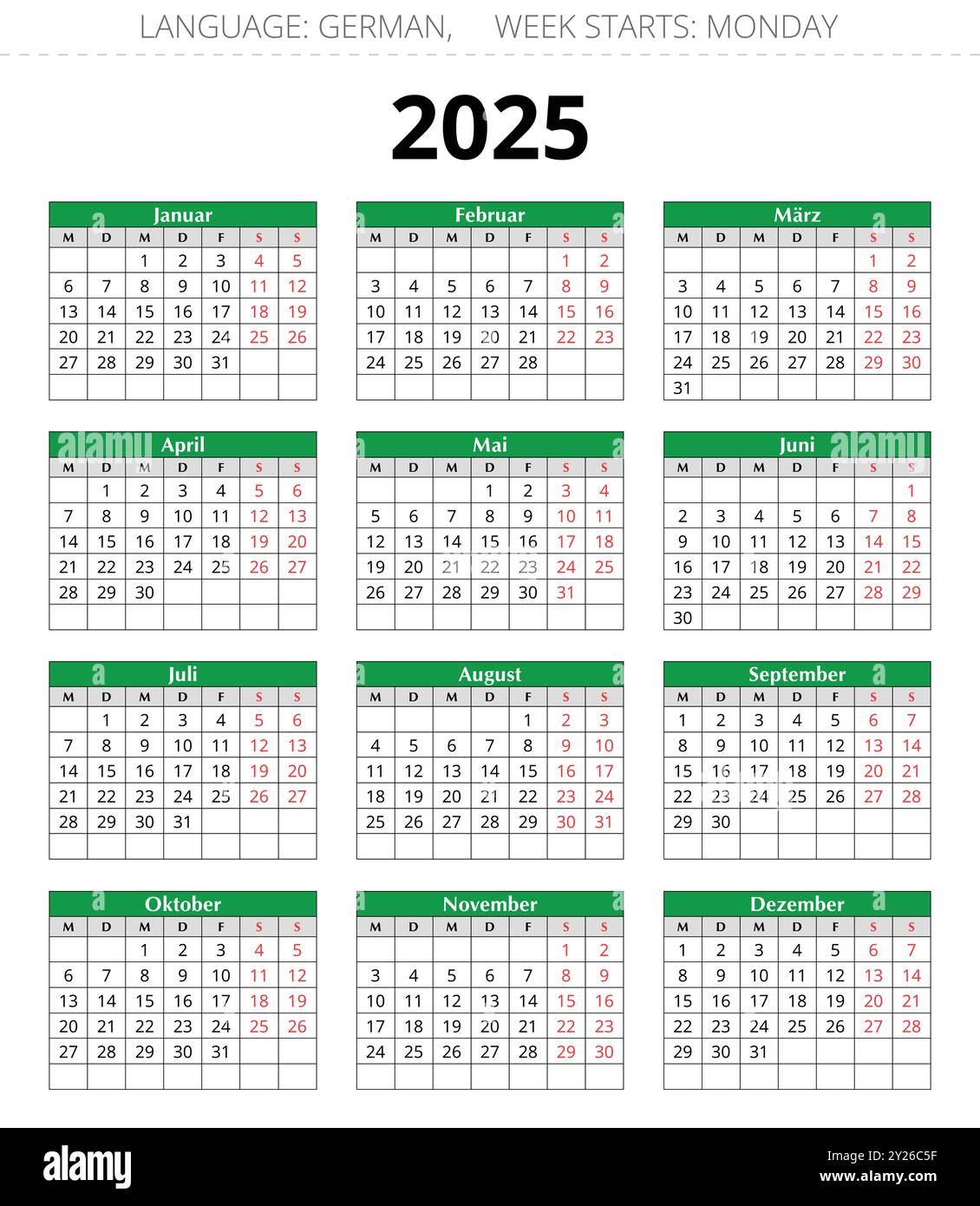 2025 year german calendar. Printable vector illustration for Germany in ...