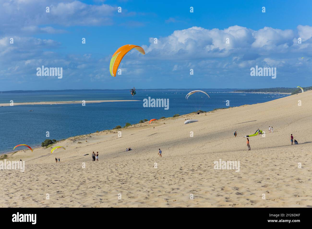 Dune of Pilat, France - August 14, 2024: People paragliding at the ...