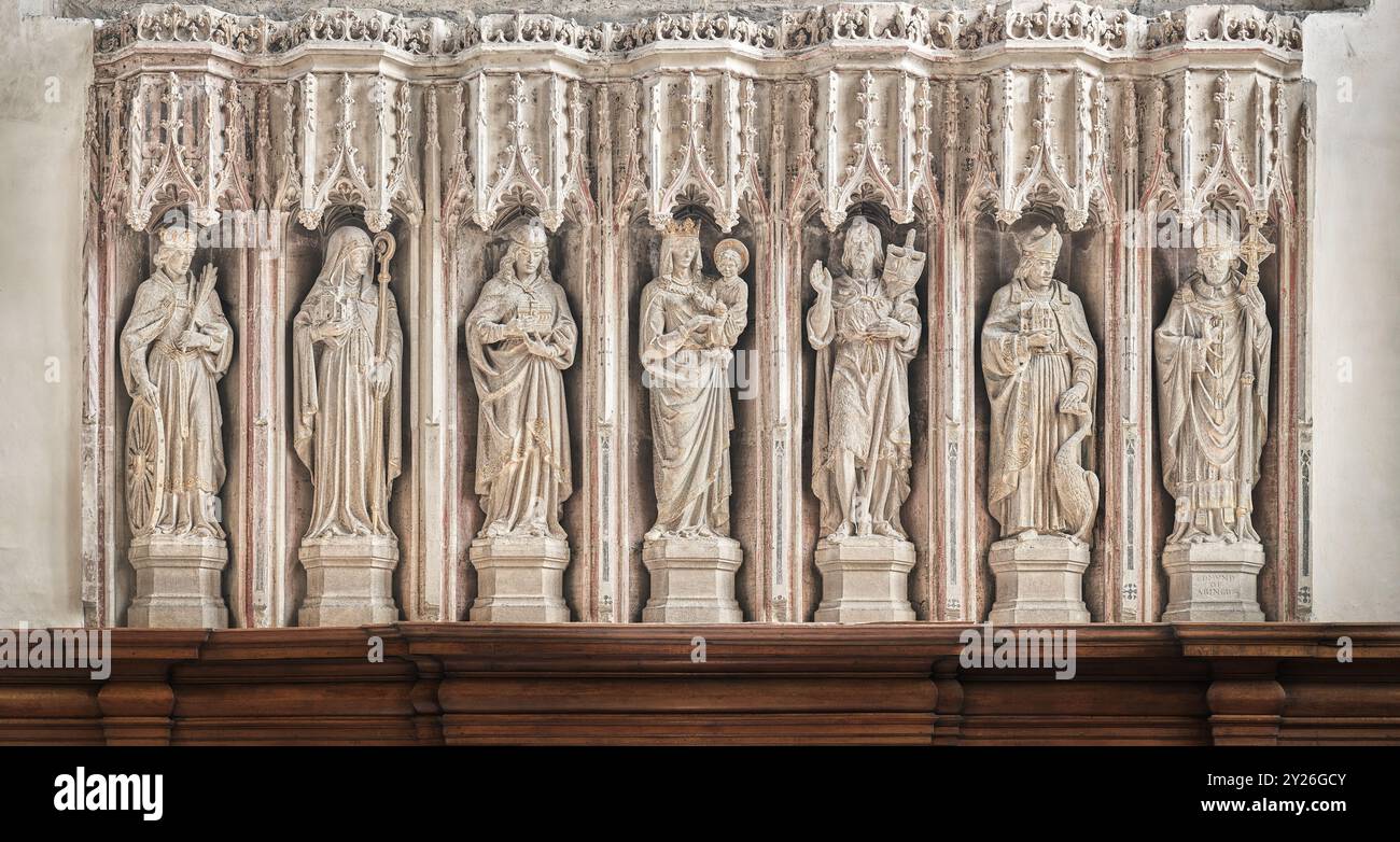 Seven stone statues behind the altar in the Christian church of St Mary ...