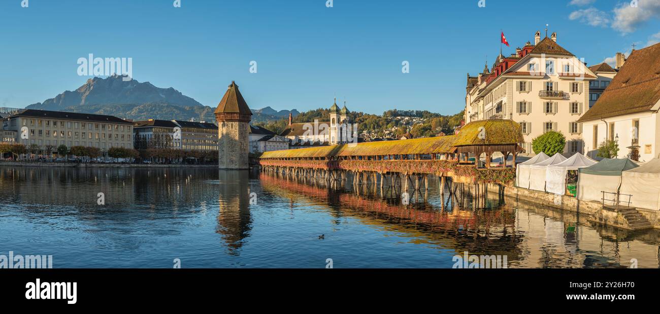Lucerne (Luzern) Switzerland panorama city skyline at Chapel Bridge ...