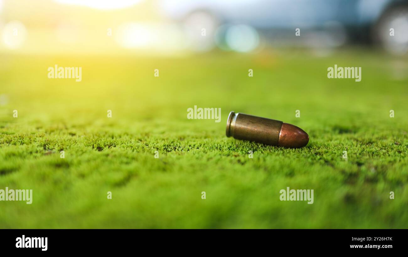 Spent bullet casing lying on the green ground with blur background ...