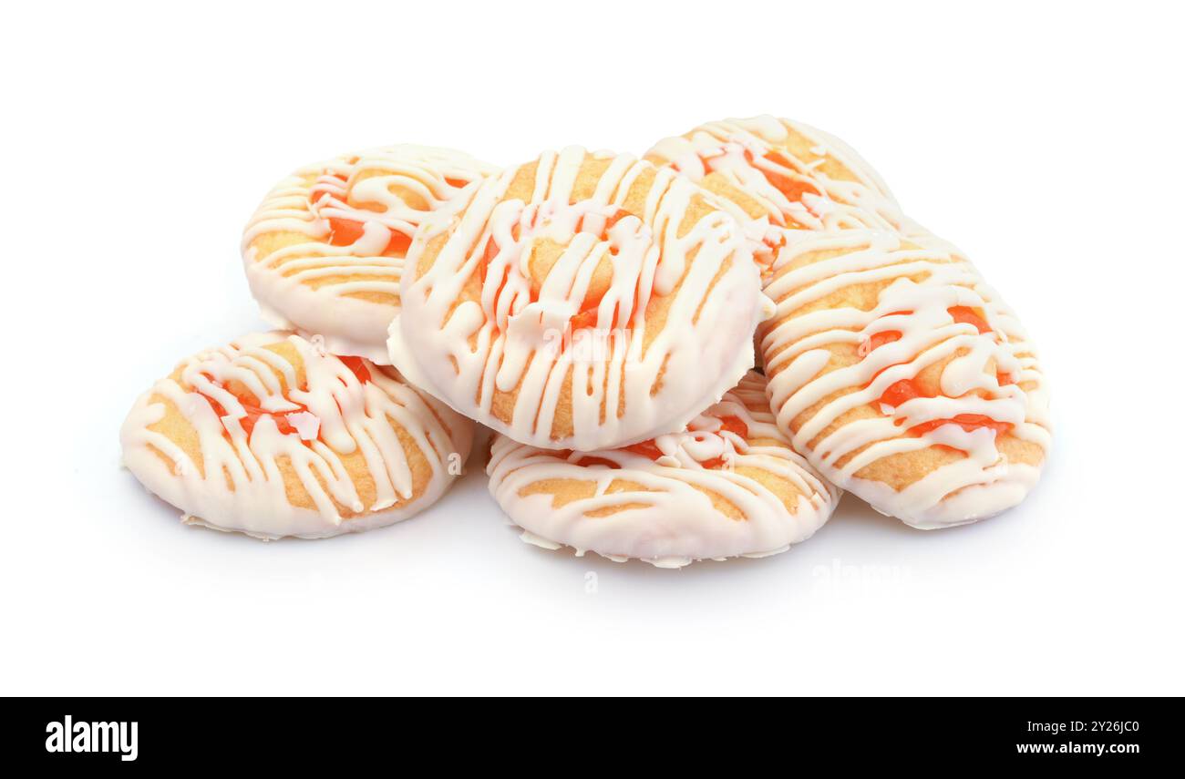 A pile of fresh cookies with fruit jam isolated on white Stock Photo ...