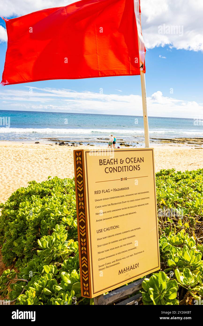 Surf Warning Flag at Shipwreck Beach, Kauai, Kawaii, USA Stock Photo ...