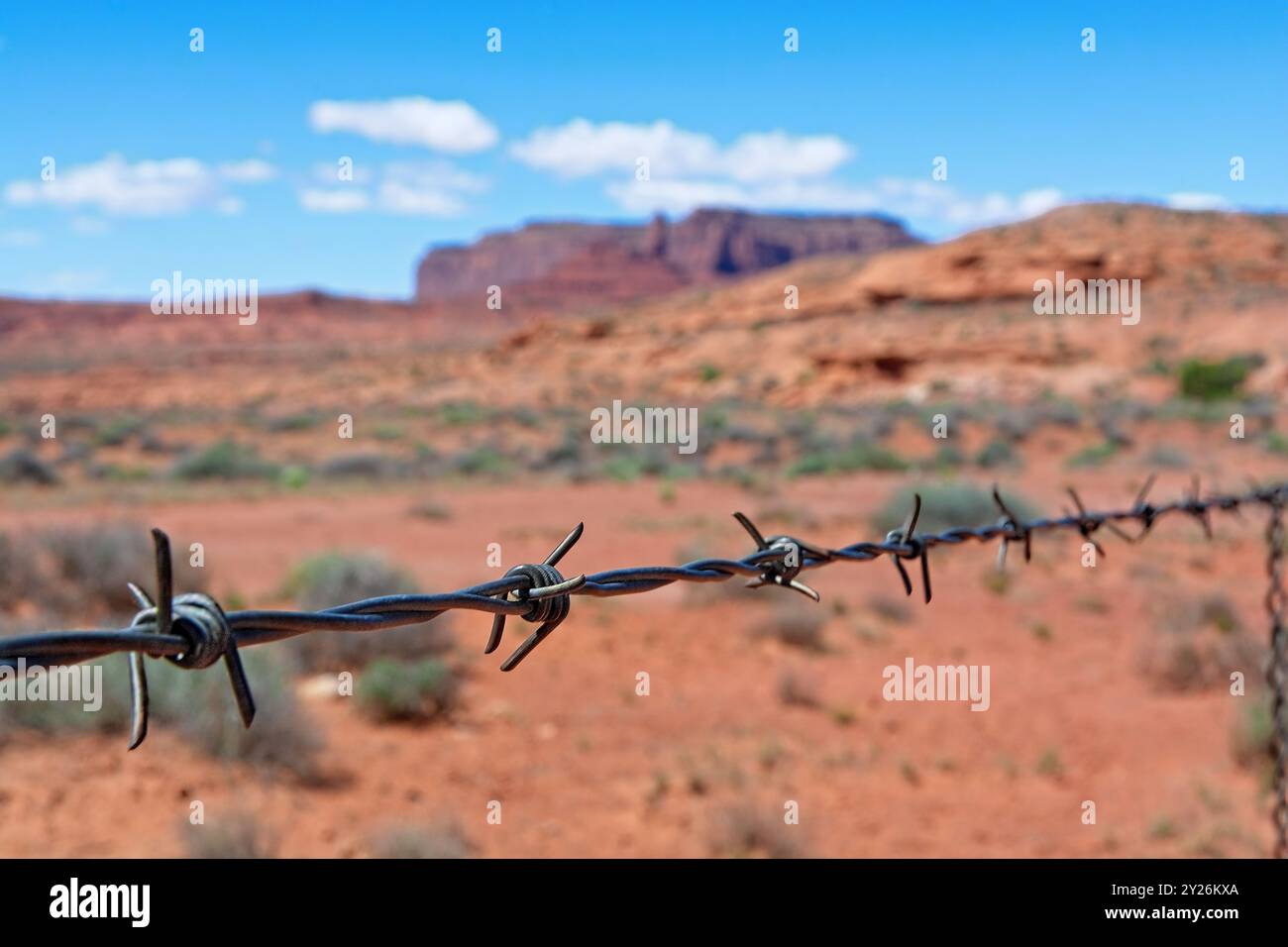 Barbed wire across open desert area with distant mesas of Oljato ...