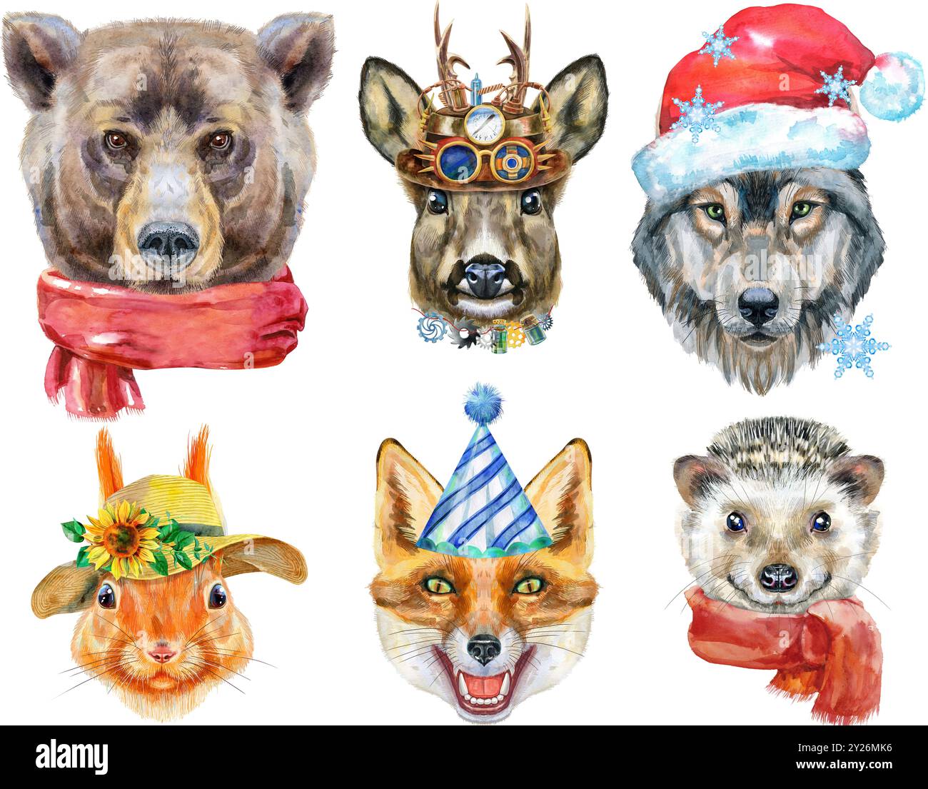 Portraits of wild animals of Eurasia. Bear, wolf, fox, roe deer ...