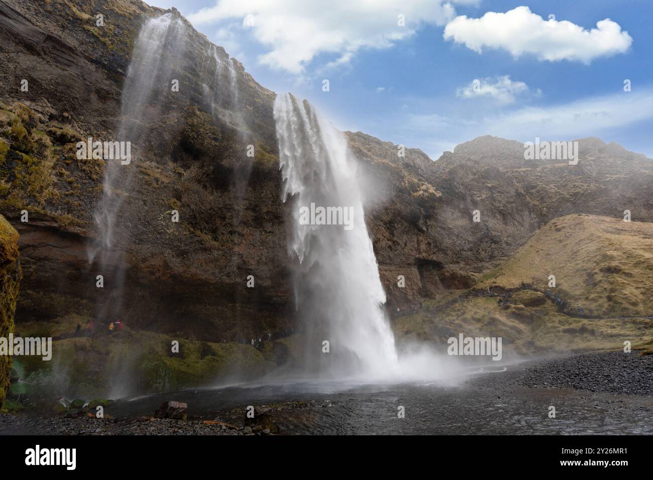 The majestic Seljalandsfoss waterfall is formed by meltwater from ...
