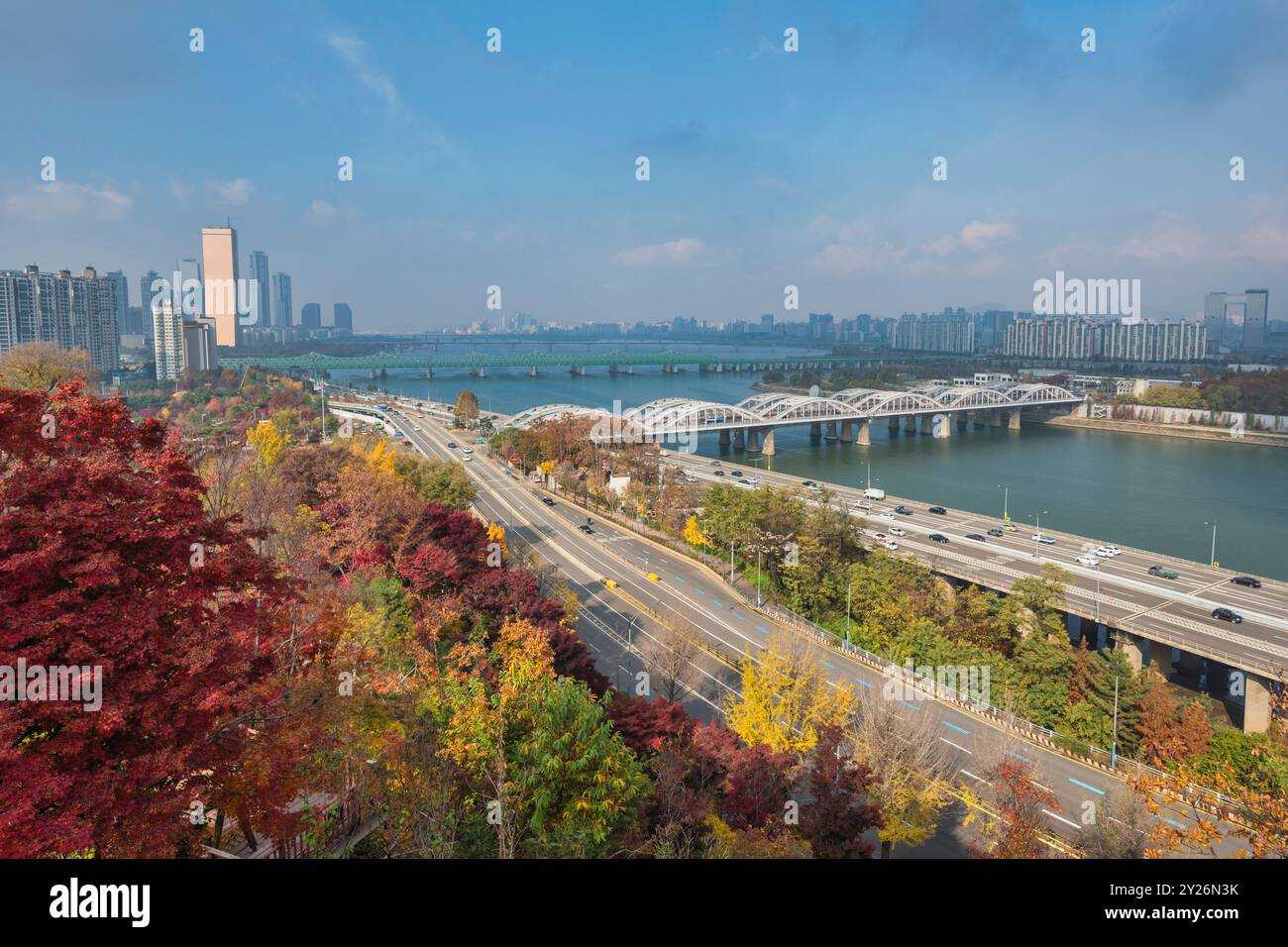 Seoul South Korea city skyline at Yeouido Island and Han River view ...