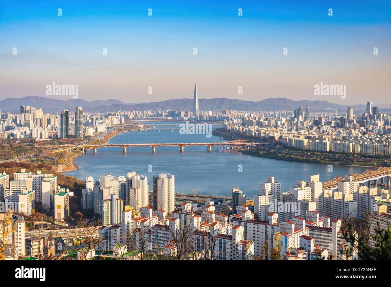 Seoul South Korea city skyline at Han River view from Maebong Mountain ...