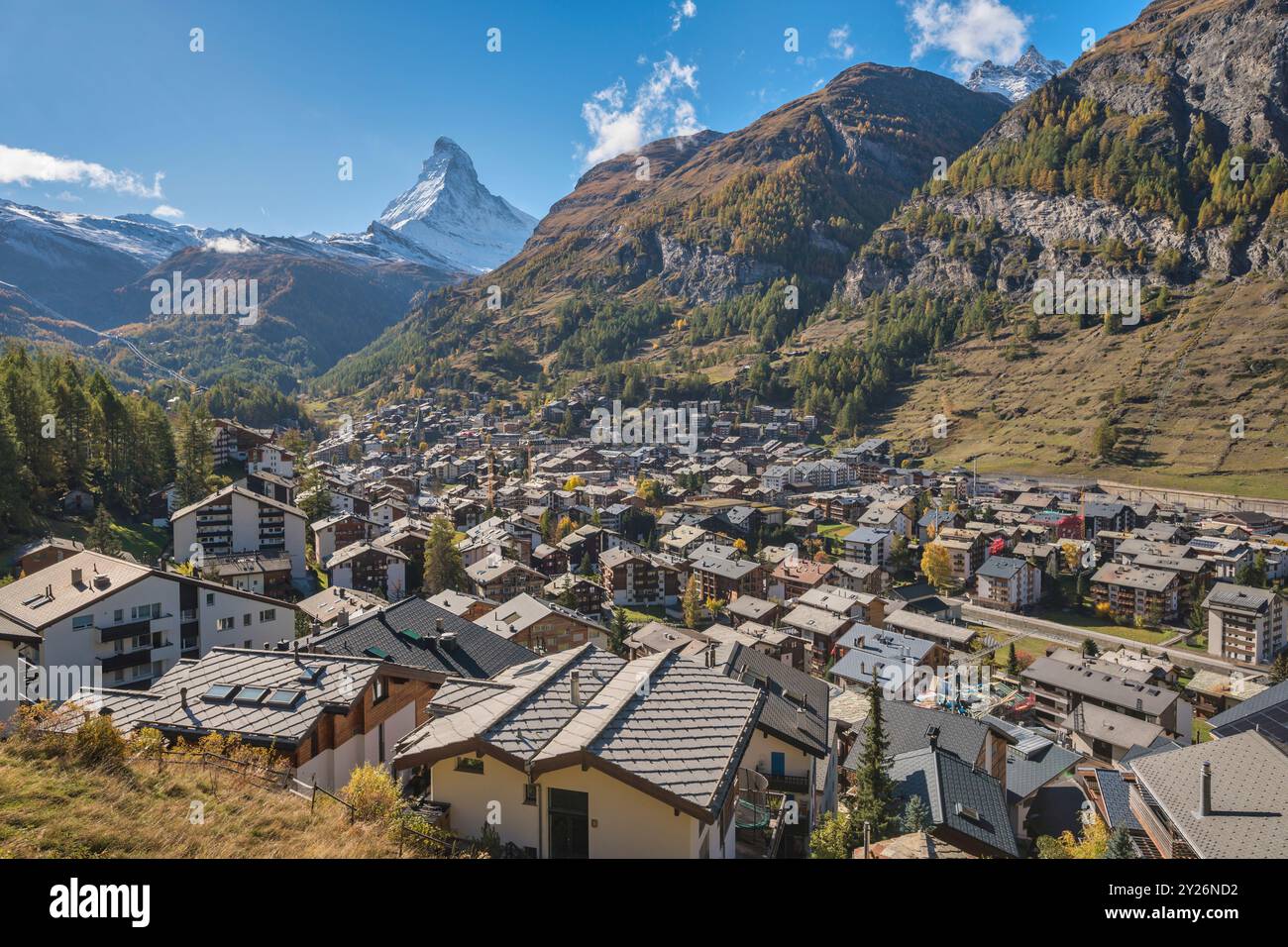 Zermatt Switzerland city skyline at Valley and Matterhorn mountain peak ...