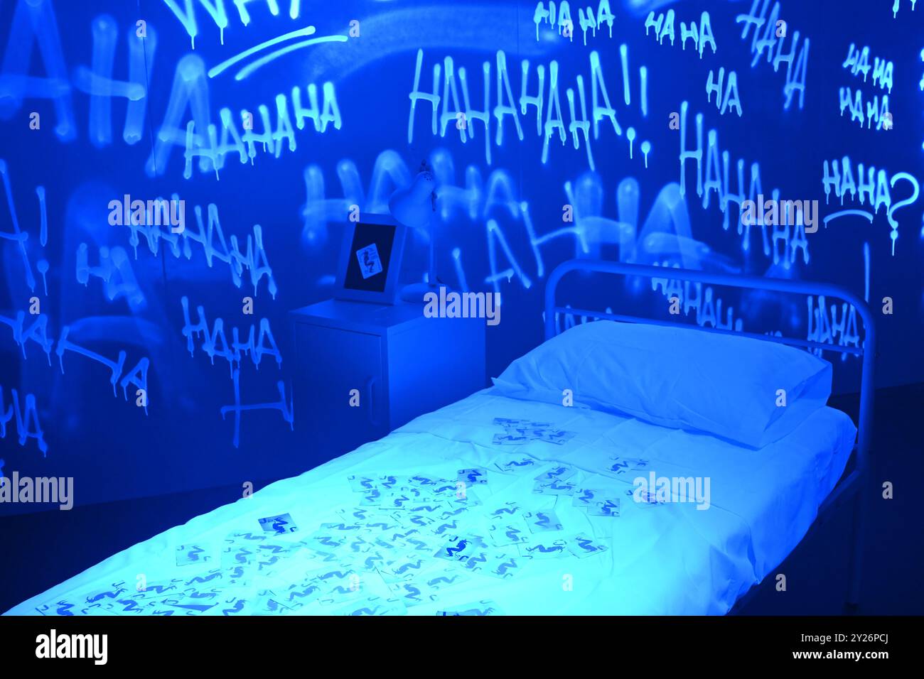 A Joker themed hospital bed in the Batman Unmasked exhibition in London ...