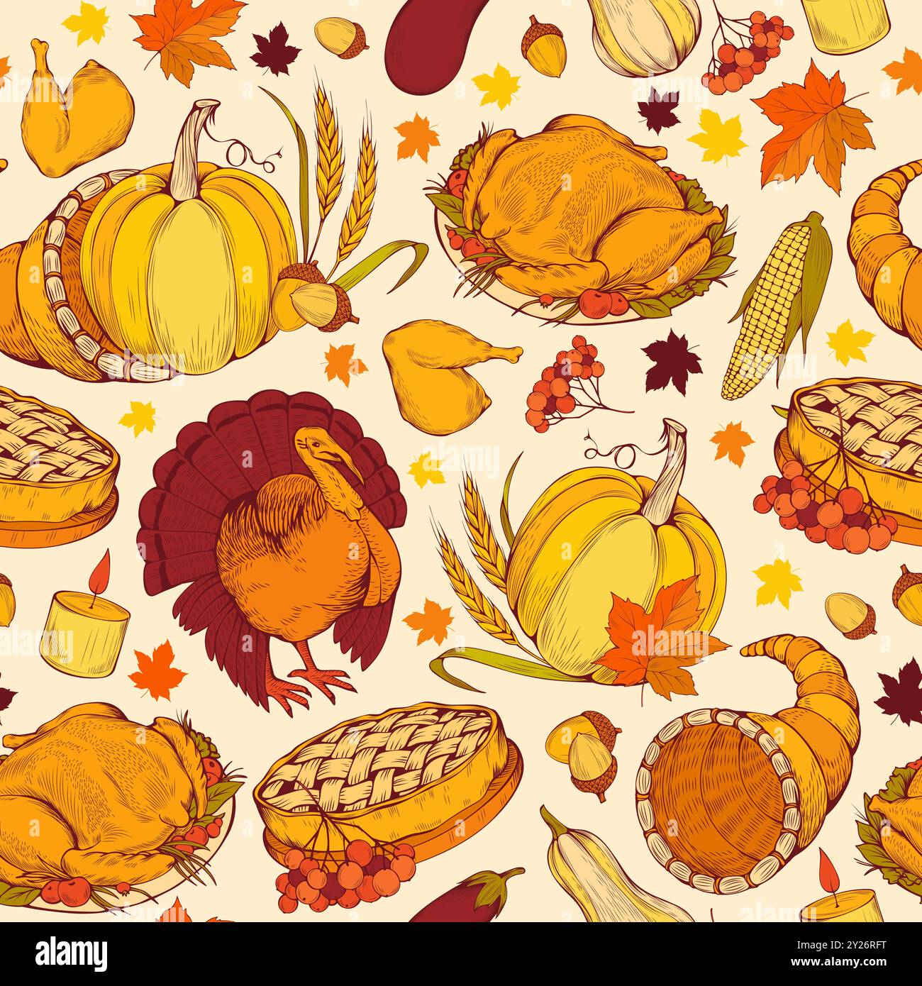 Thanksgiving Harvest Vector Seamless Pattern, Traditional Pumpkins and ...