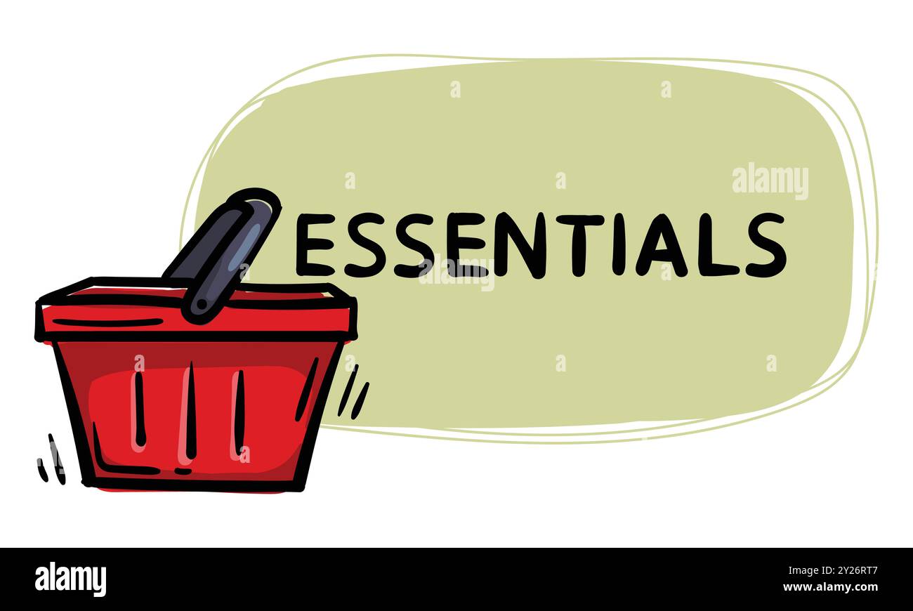 Simple hand drawn sticker with shopping cart and text essentials ...