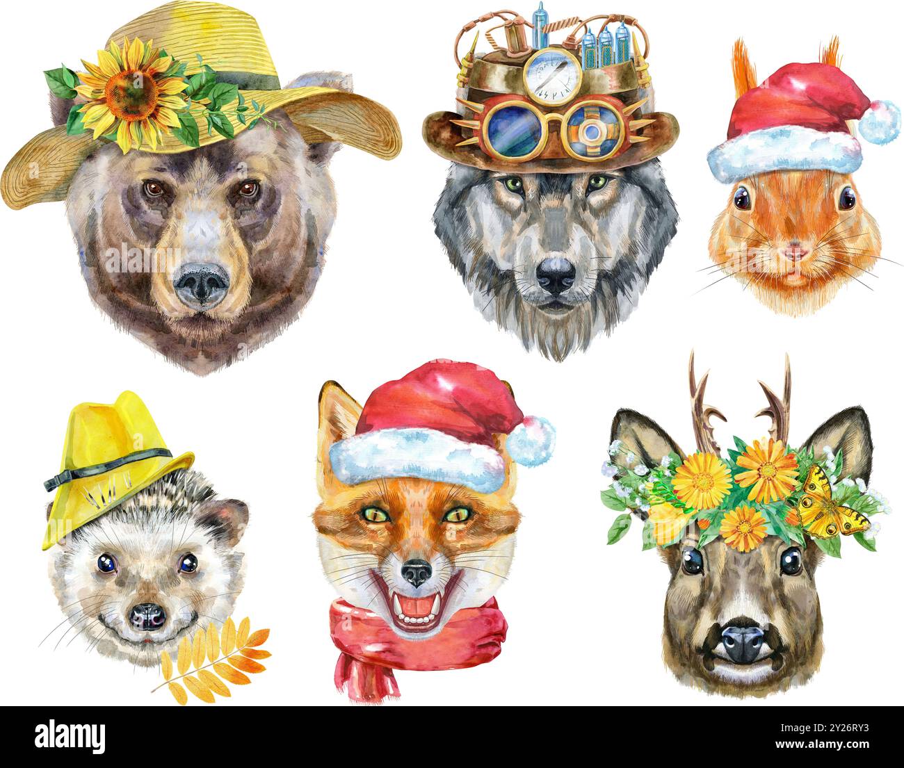 Portraits of wild animals of Eurasia. Bear, wolf, fox, roe deer ...