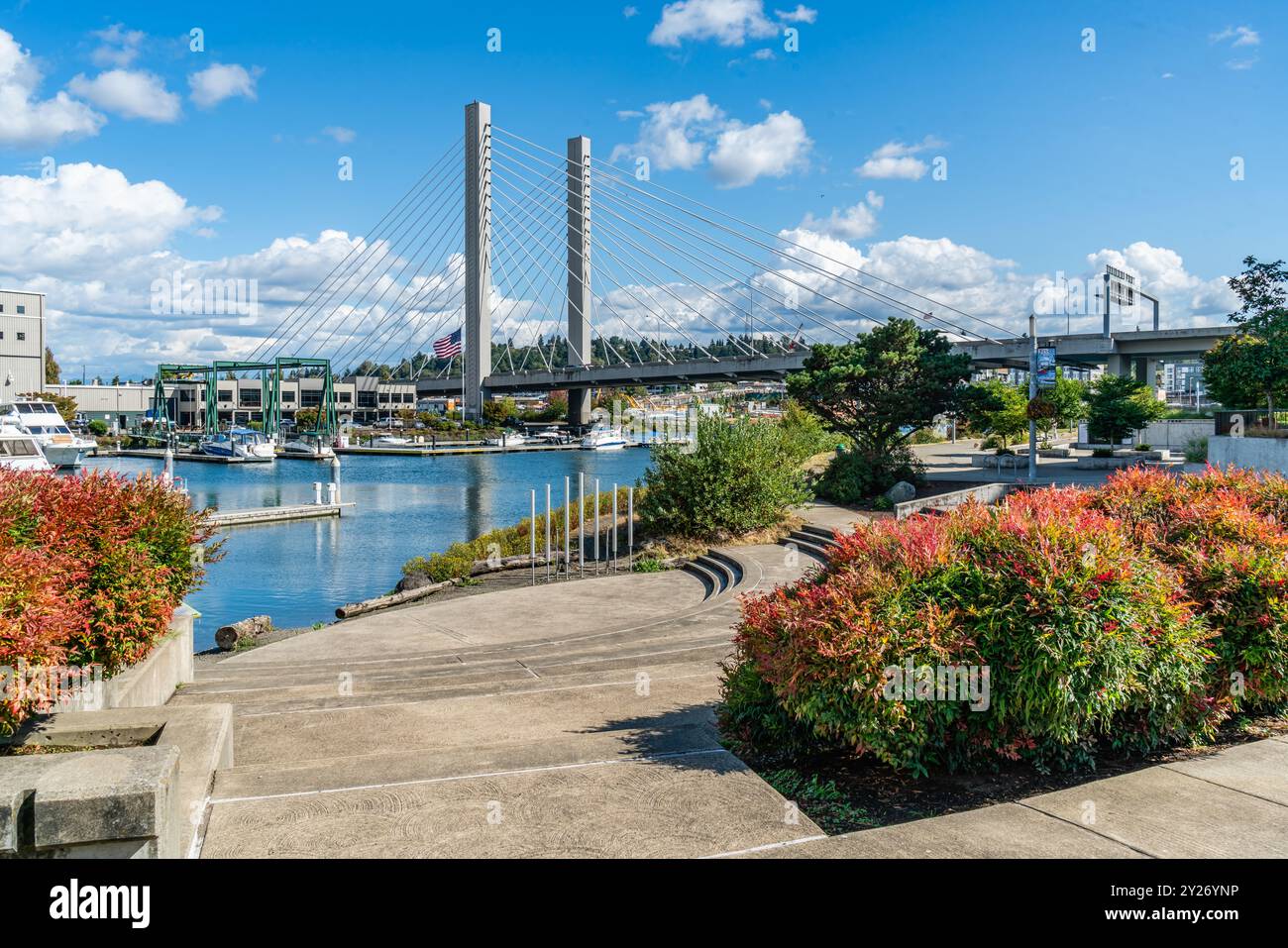 A view of the suspension bridge over the Foss Waterway in Tacoma ...