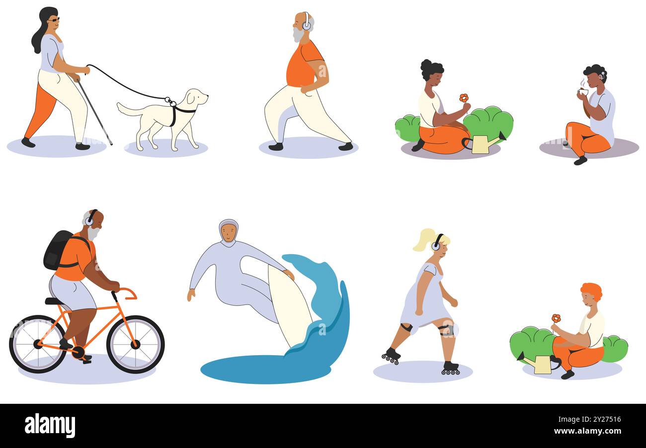 People of different ages performing leisure activities. Vector ...