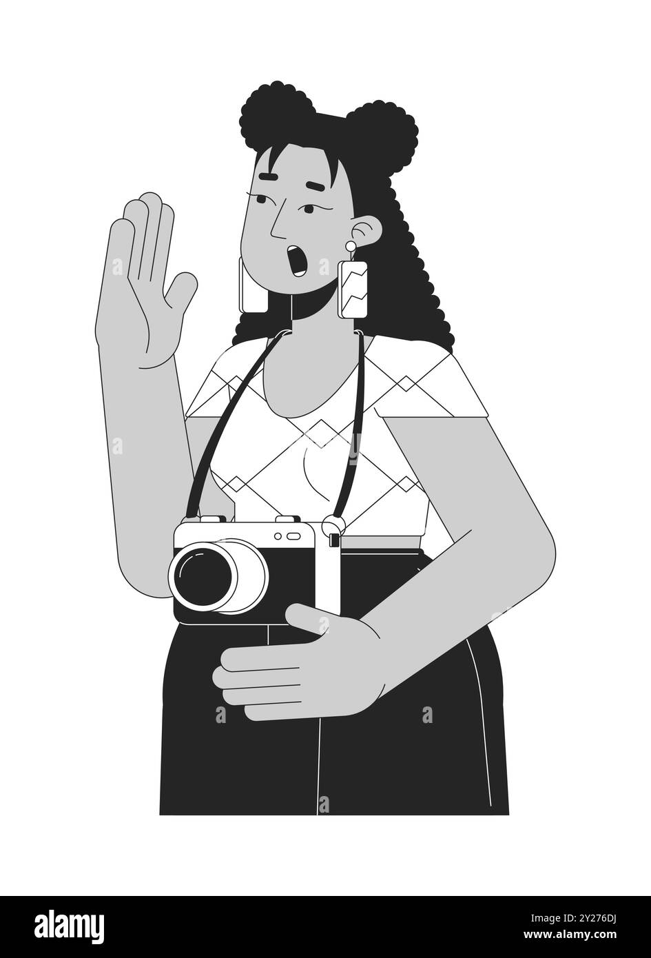 Curvy latina female photographer sightseer black and white 2D line cartoon character Stock ...