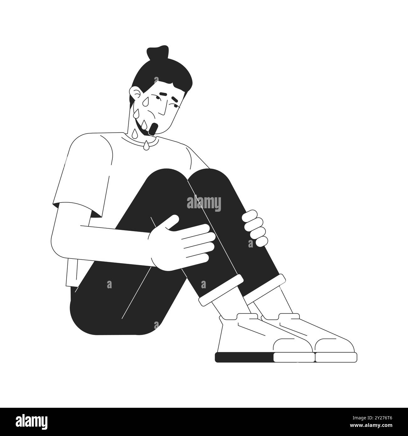 European man crying alone black and white 2D line cartoon character ...