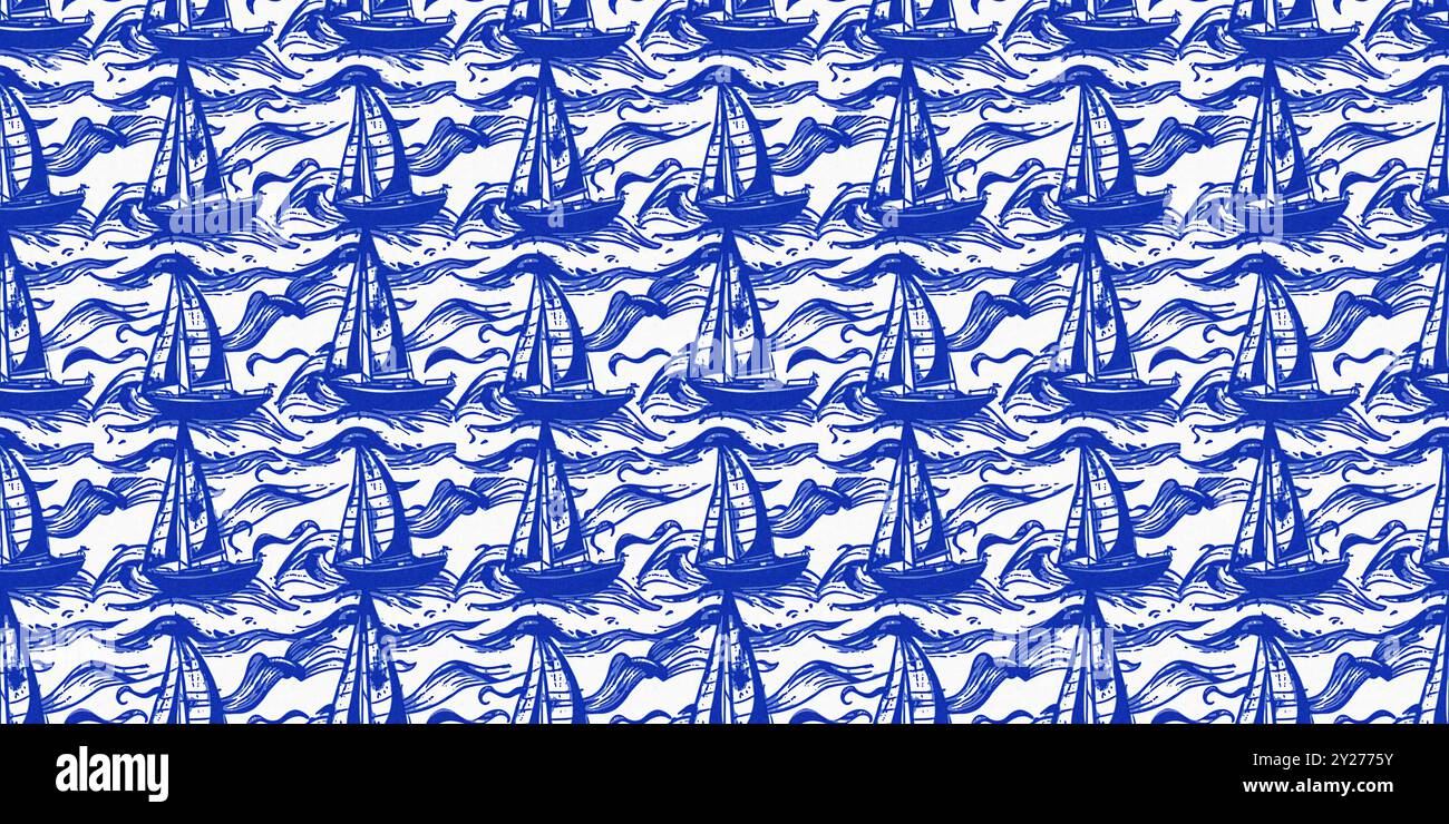 Modern sailing race boat block print banner for decorative coast ...