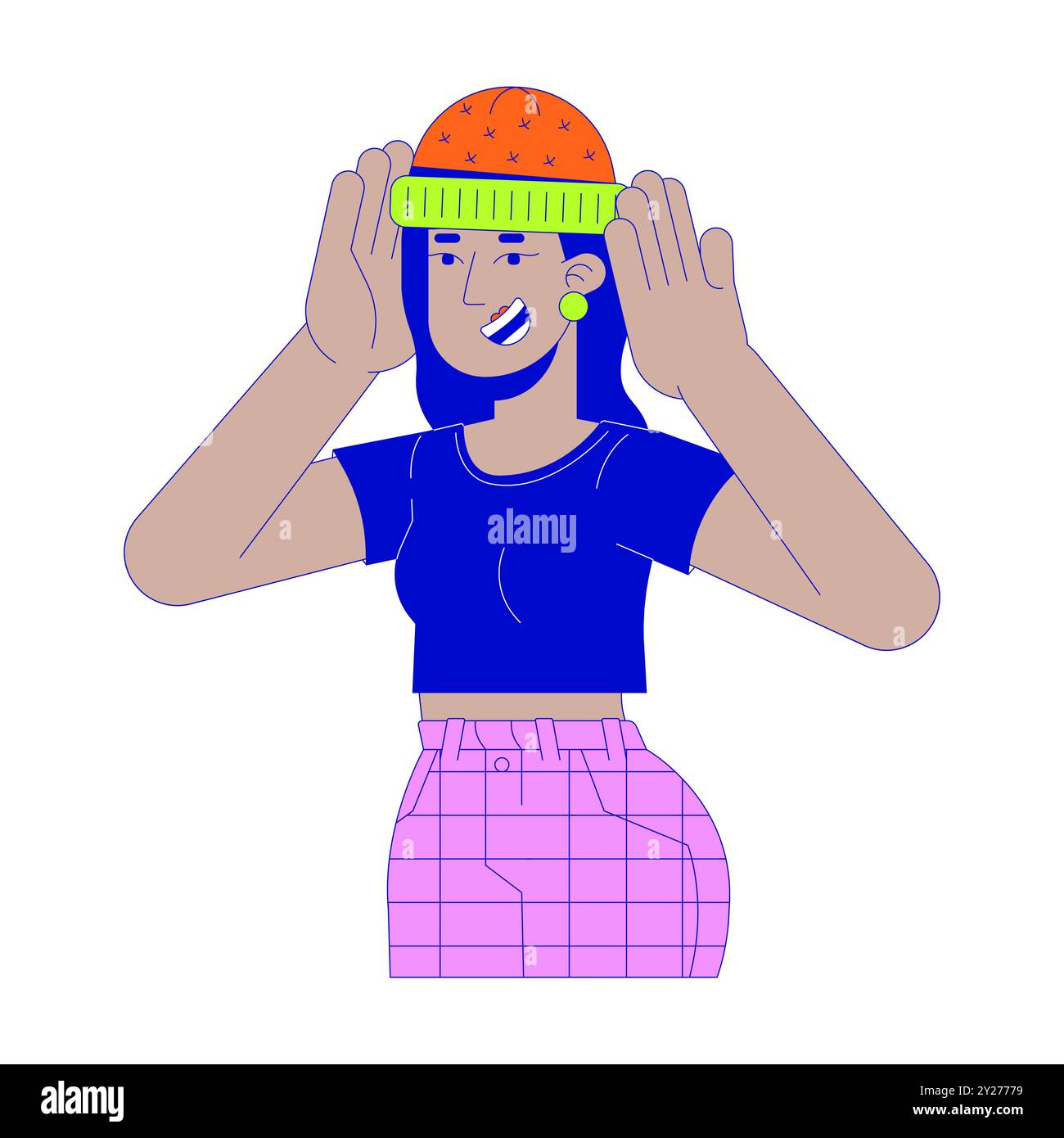 Positive indian woman wearing hat 2D linear cartoon character Stock ... Positive indian woman wearing hat 2D linear cartoon character Stock ...