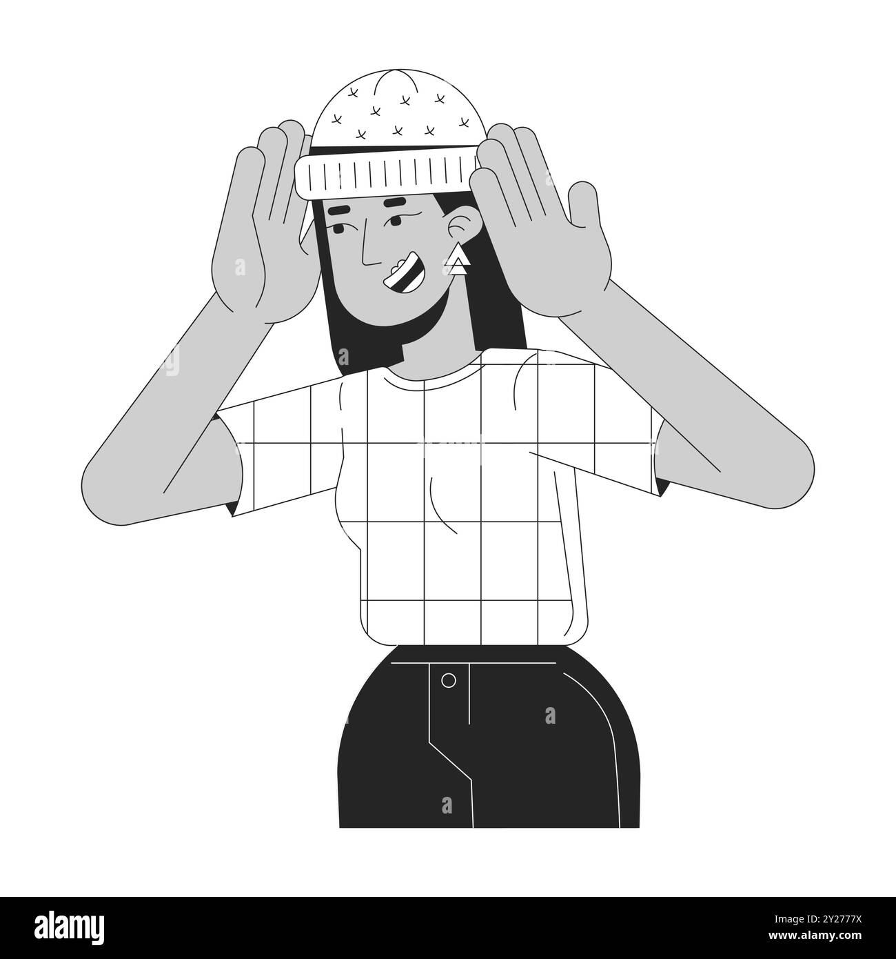 Joyful arab woman wearing warm hat black and white 2D line cartoon ...