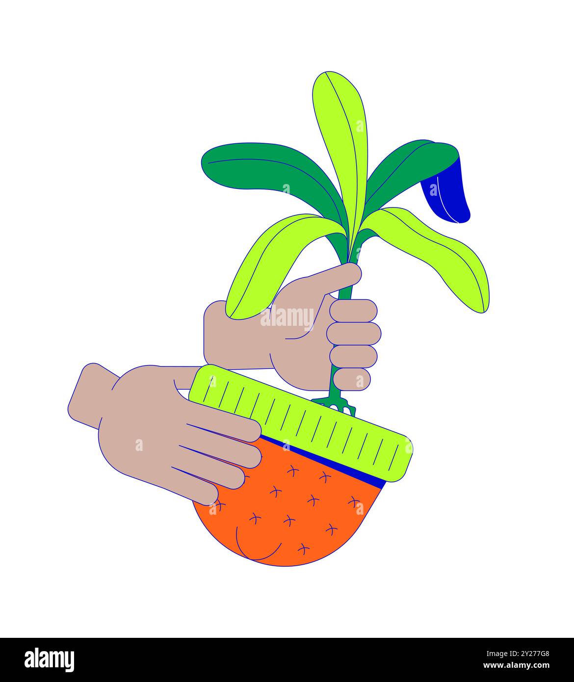 Putting houseplant into hat linear cartoon character hands illustration ...