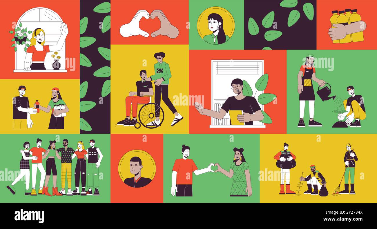 Volunteer community diverse bento grid illustration set Stock Vector ...