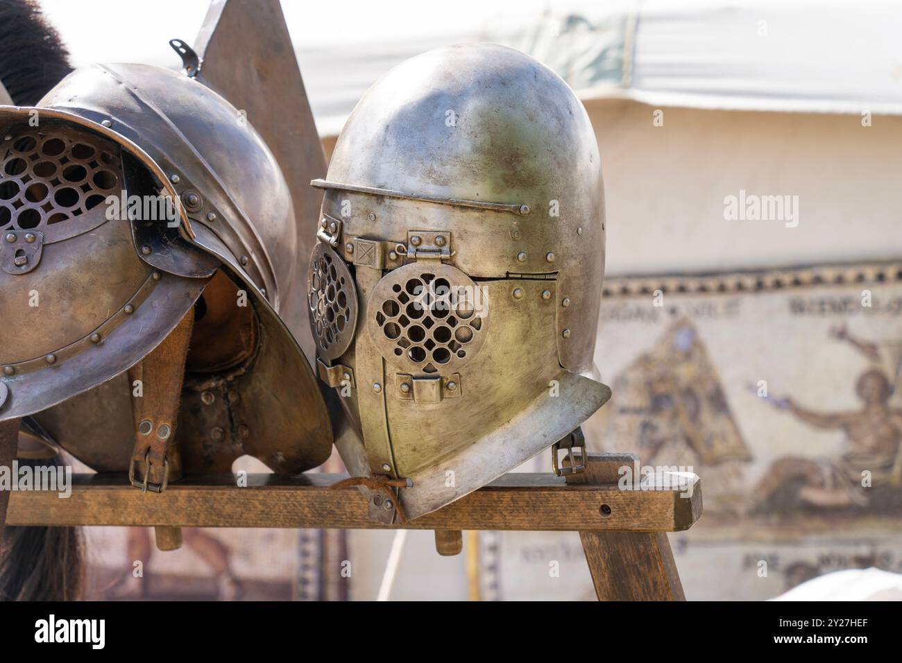 Ancient Roman gladiator helmets in a military camp Stock Photo - Alamy