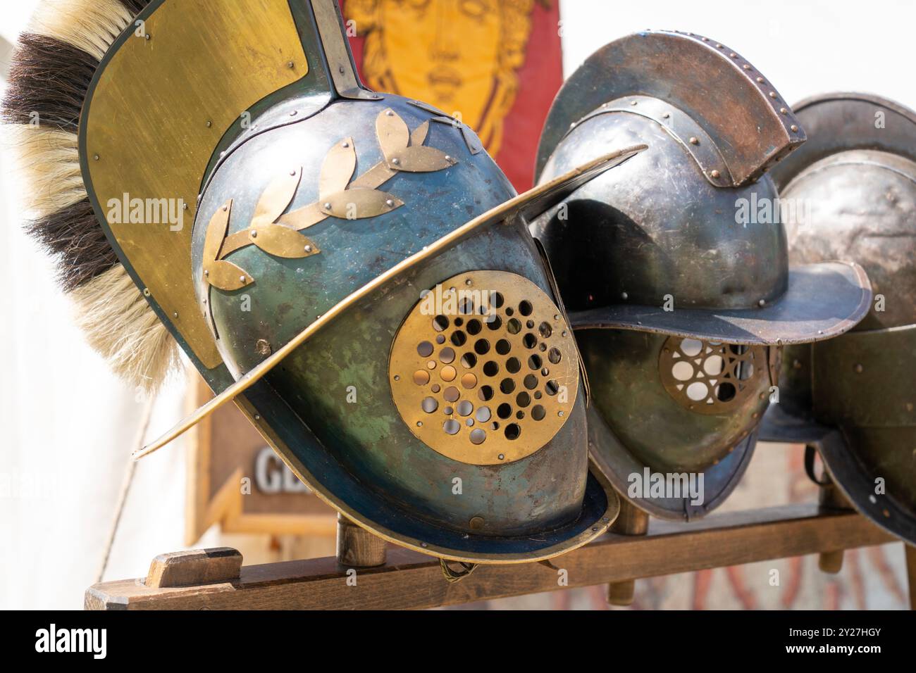 Ancient Roman gladiator helmets in a military camp Stock Photo - Alamy