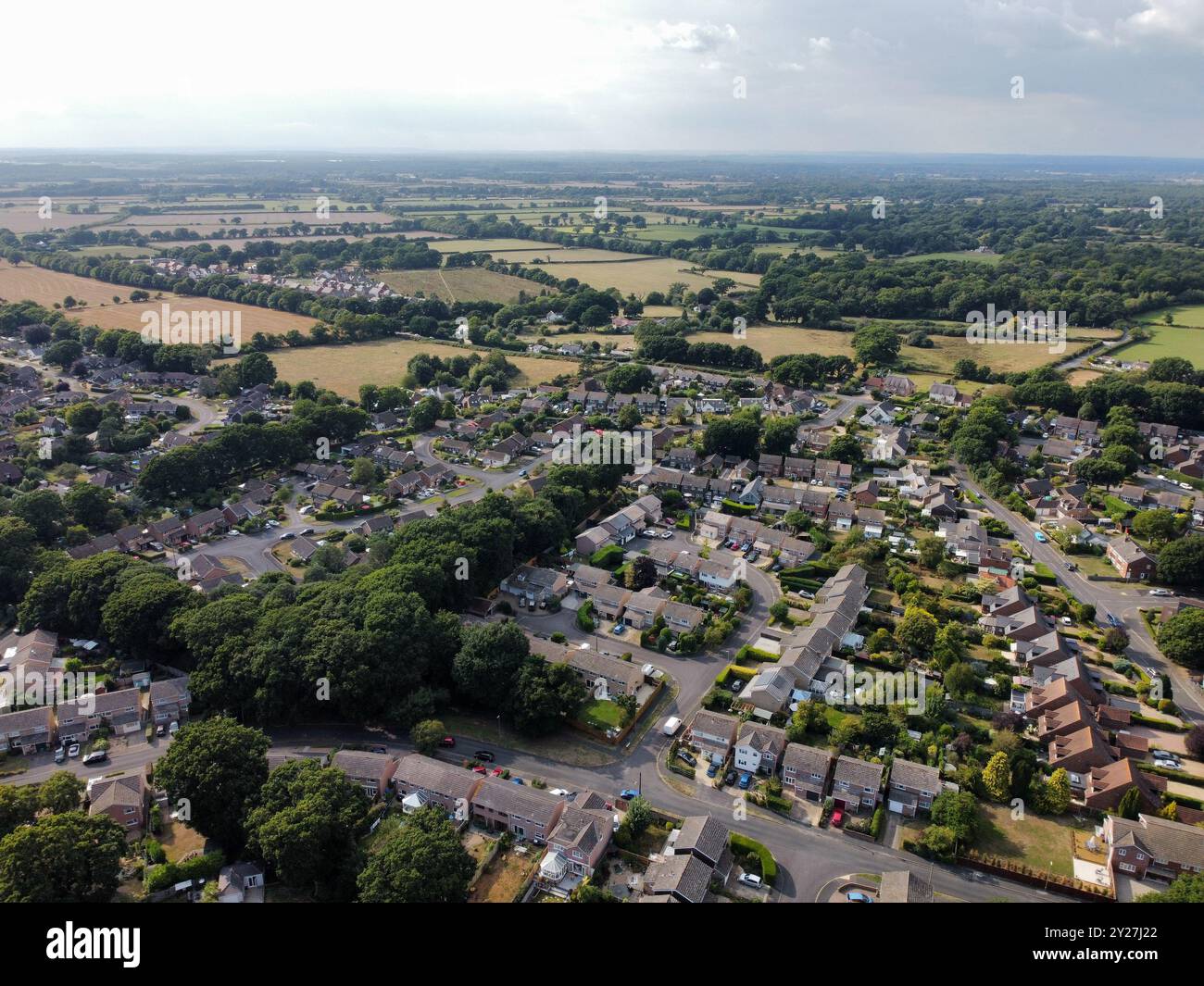 Aerial drone picture looking down on an area of low density housing on ...