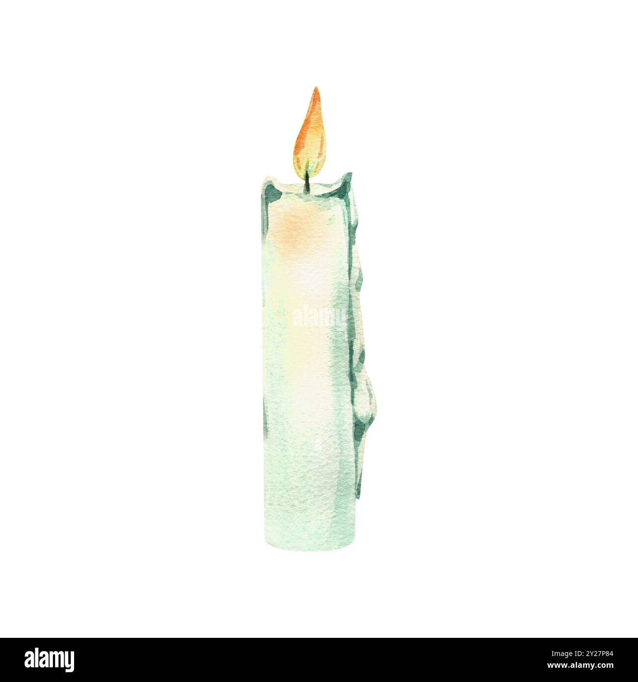 Wax candle white, beige, blue tall with wax drips and burning flame ...