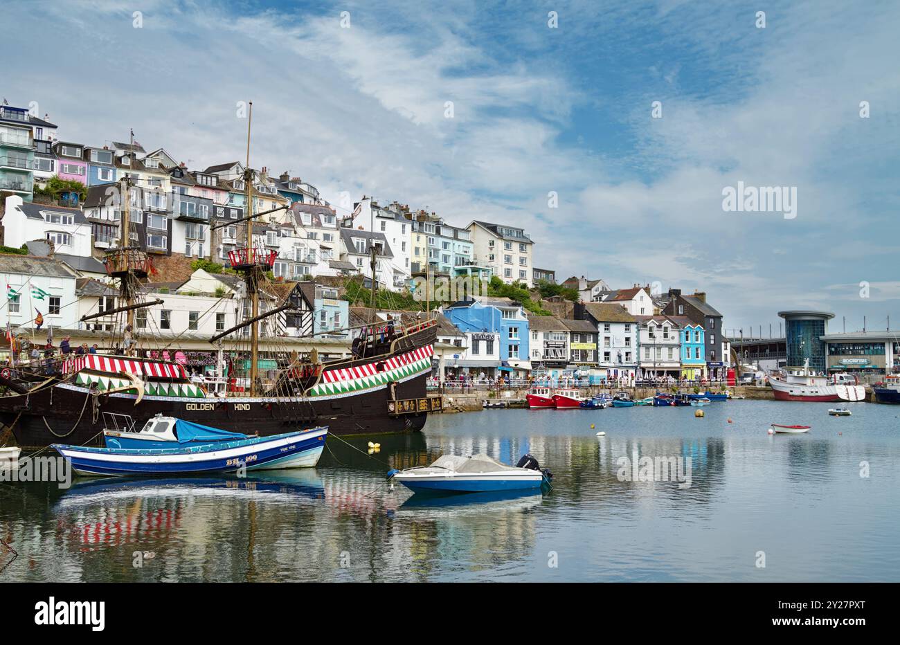 Golden hind in brixham harbour in background hi-res stock photography ...