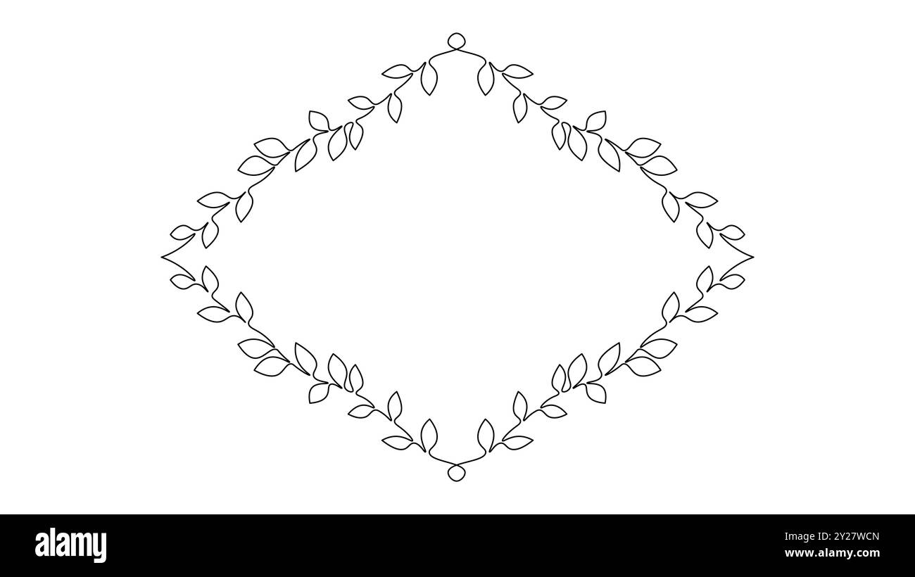 Single continuous line leaves frame. Hand drawn round line border ...