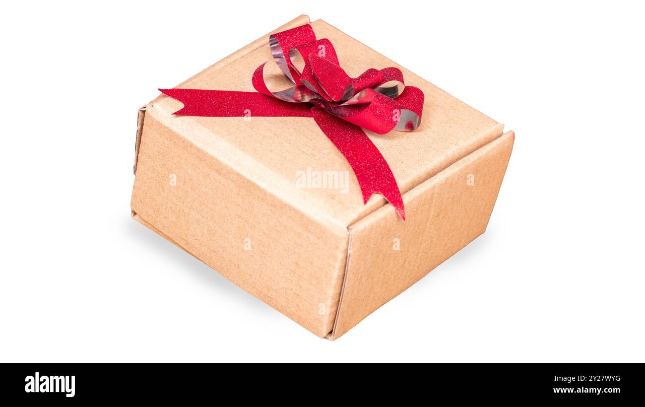 Cardboard gift box with a red bow on white background Stock Photo - Alamy