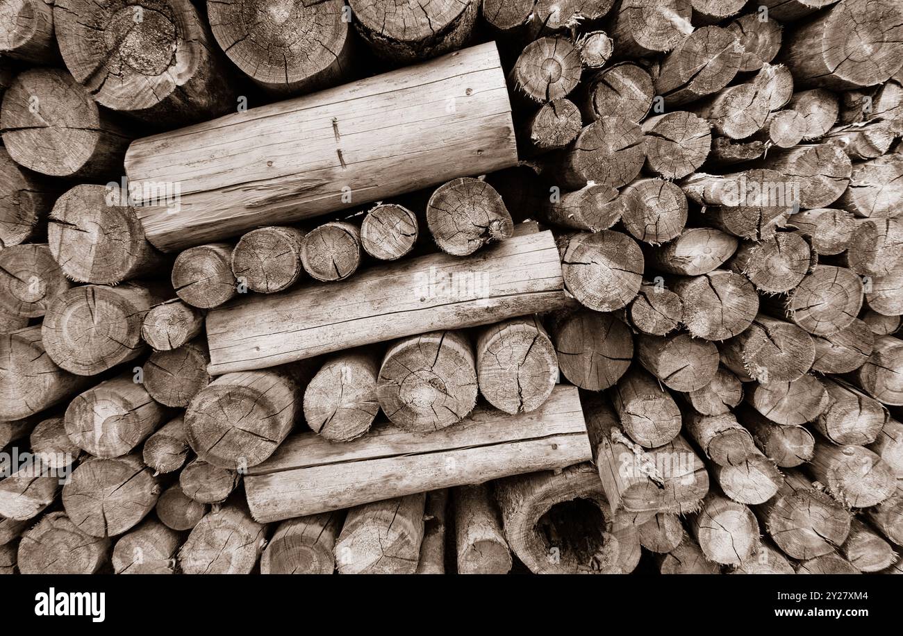 Closeup of cut logs woodpile in brown shade. Firewood pile of cracked ...
