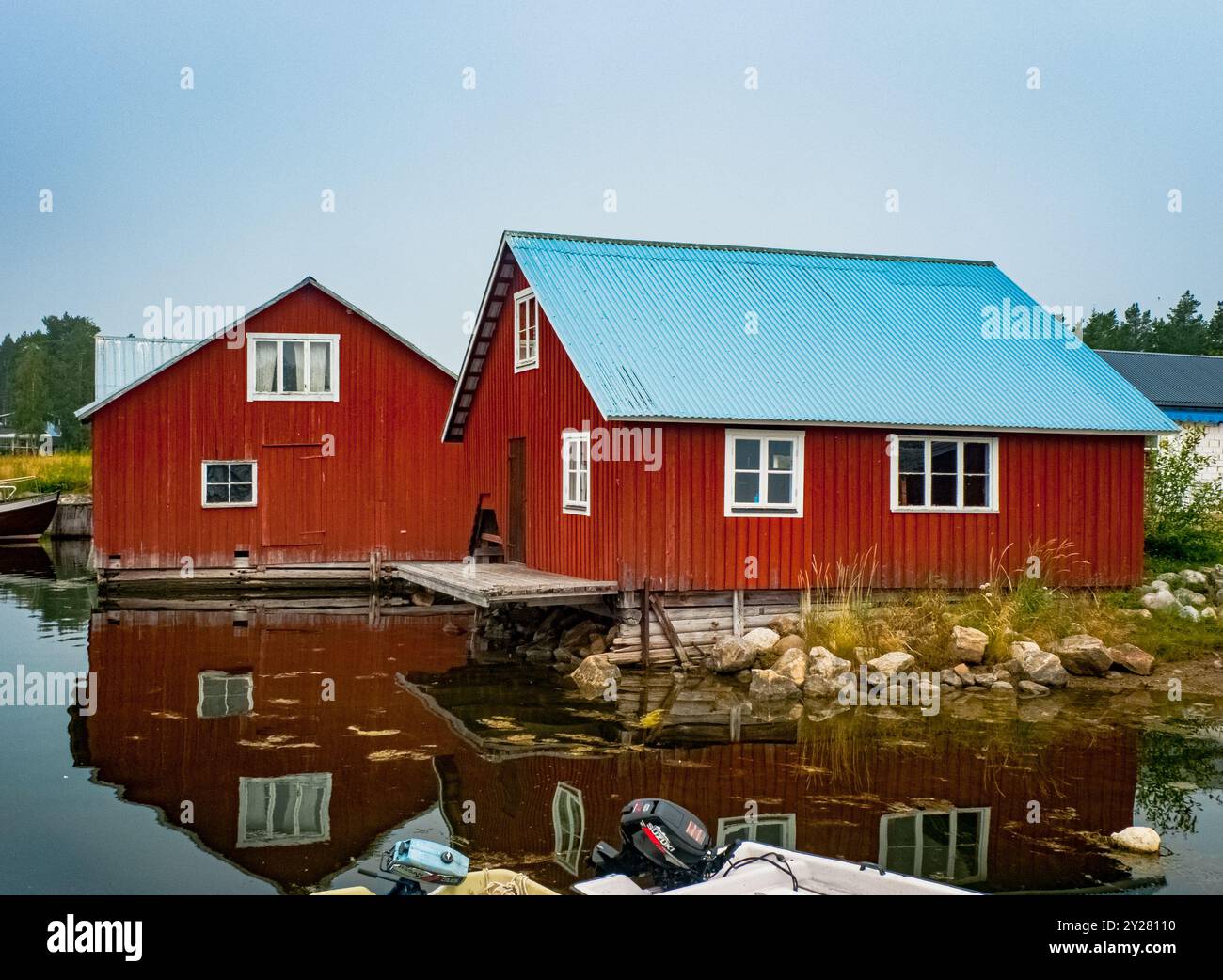 Traditional houses at Bottenviken sea in Norrfjarden, Nordmaling ...