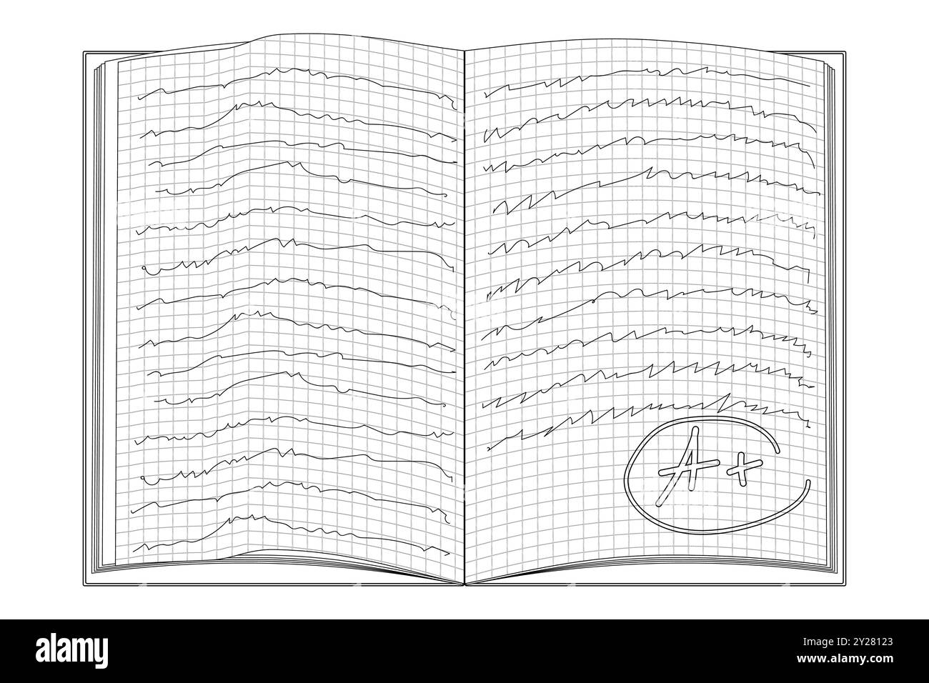 Vector illustration of an open notebook with grid paper and handwritten ...