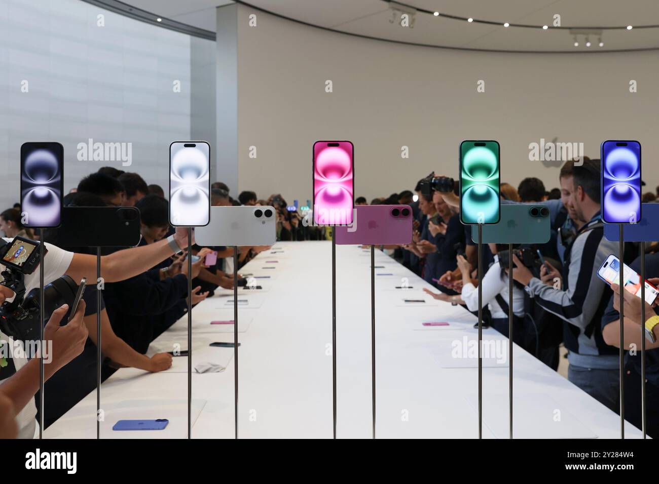 The new iPhone 16 is displayed at Apple headquarters Monday, Sept. 9 ...