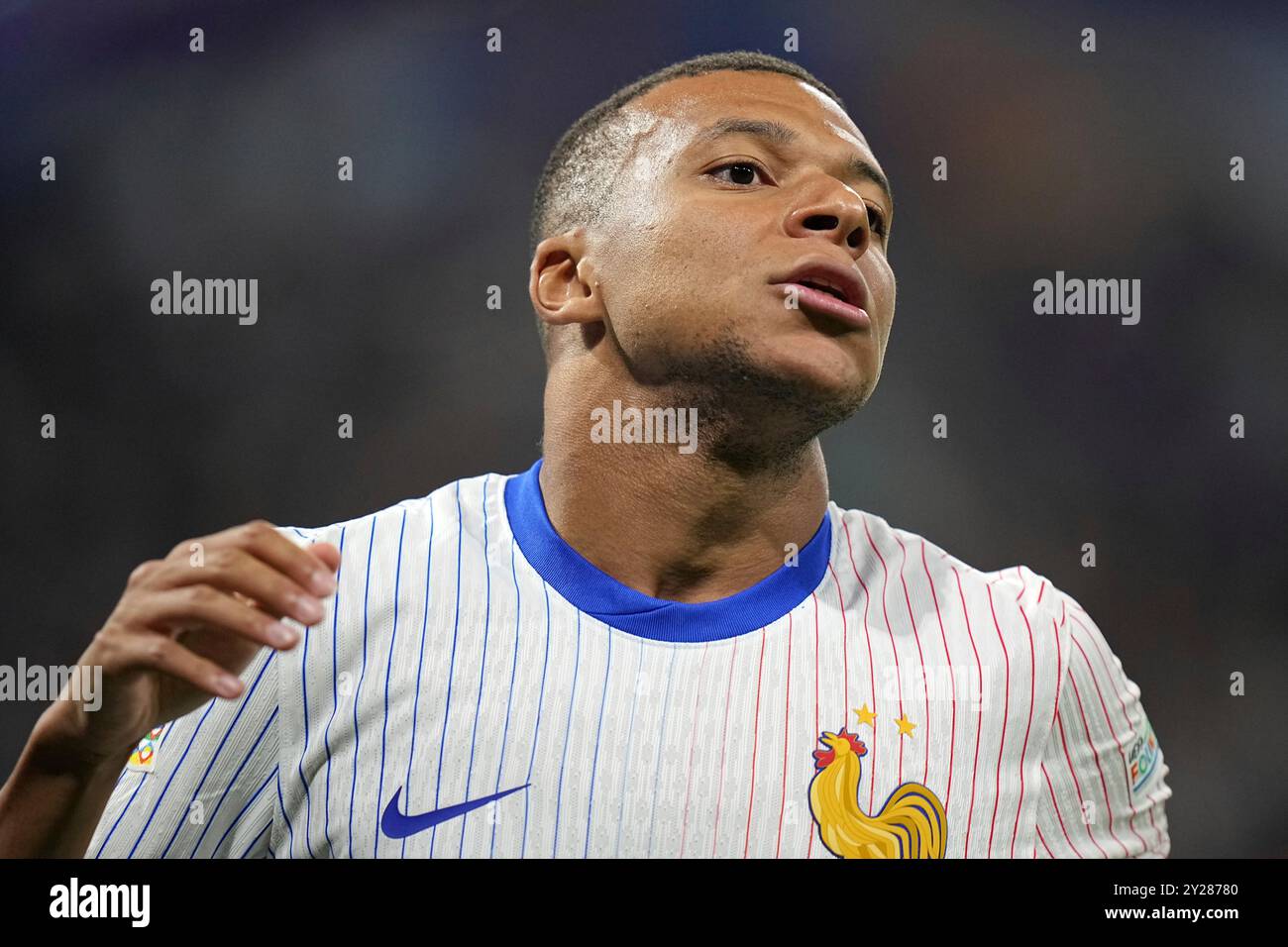 France's Kylian Mbappe reacts during the UEFA Nations League soccer ...