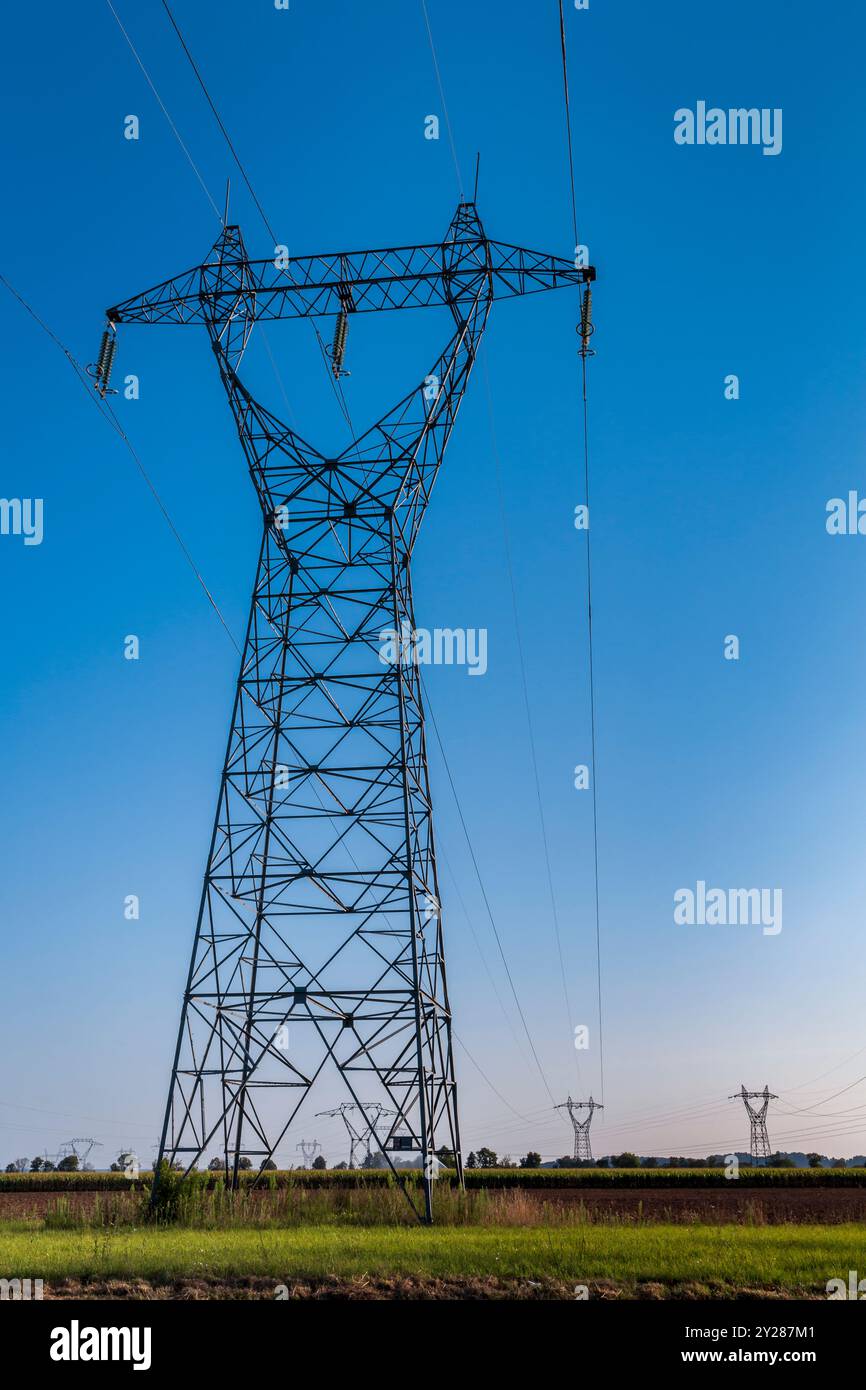 High voltage pylon in the French countryside. High voltage electric ...