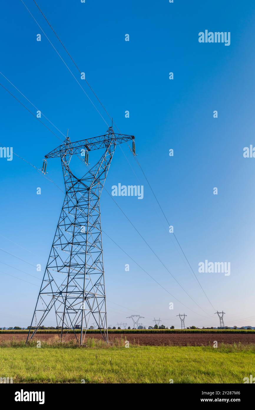 High voltage pylon in the French countryside. High voltage electric ...